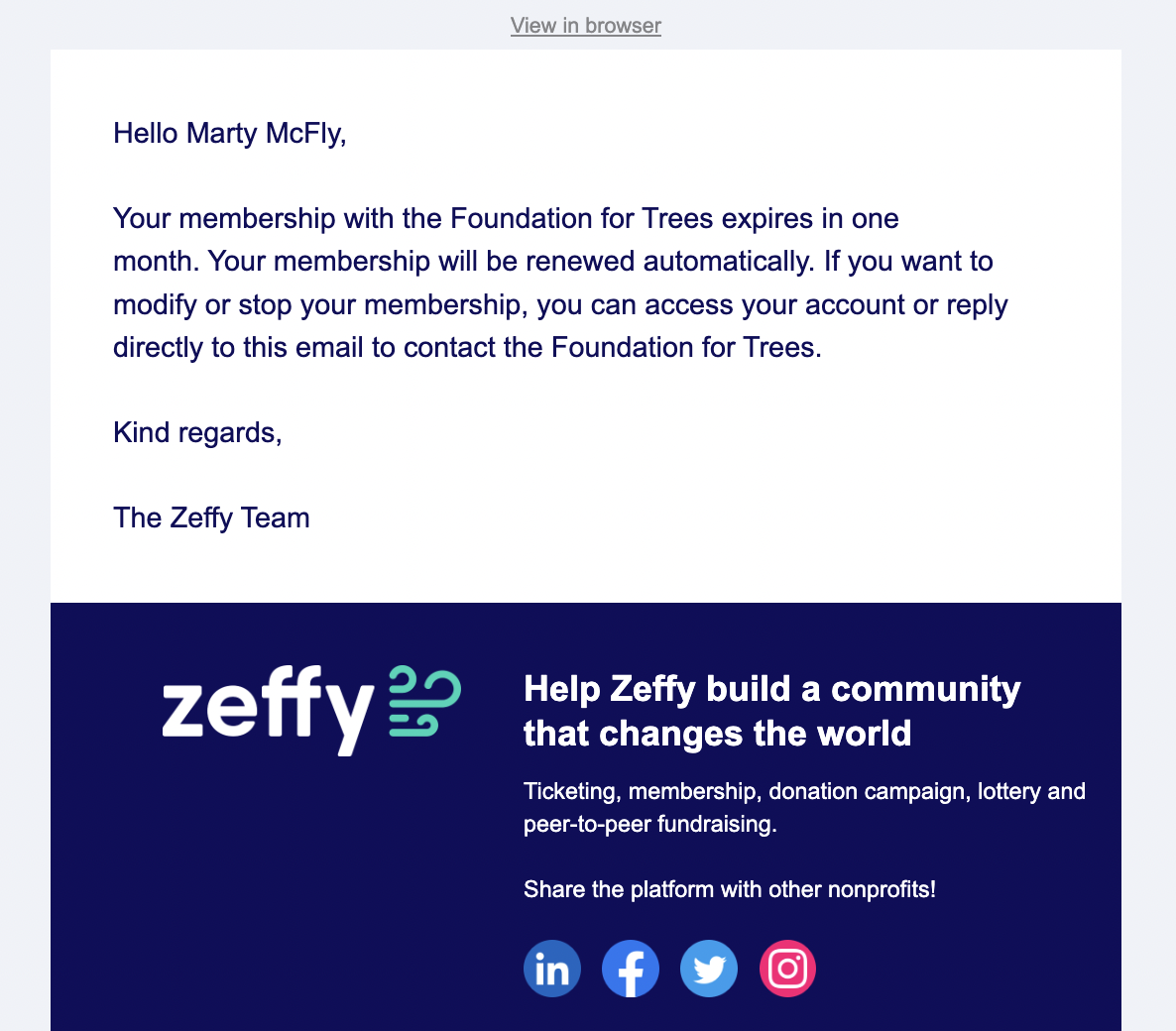 Examples of documents sent by Zeffy