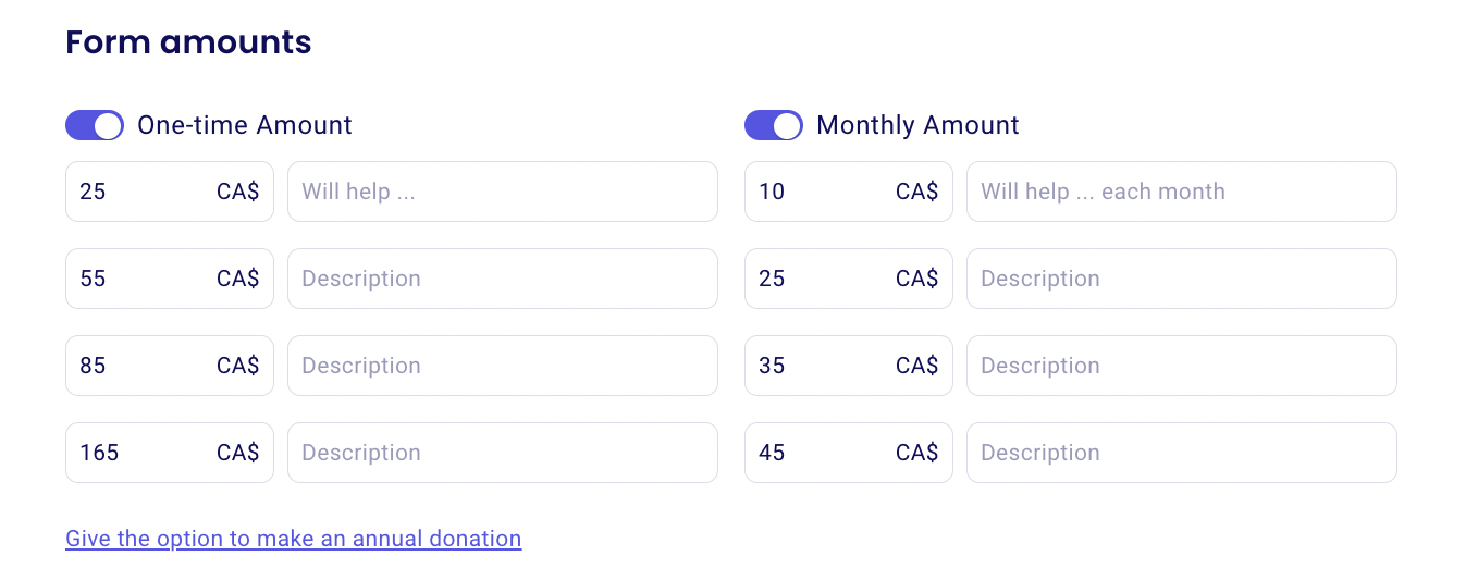 Set up a donation form with one-time and monthly donation options