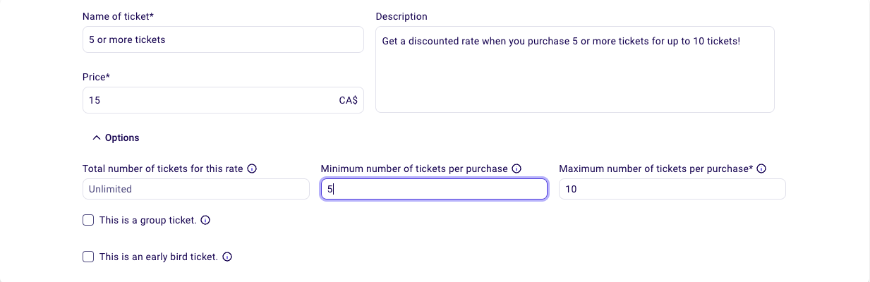 Offer different ticket tiers and rates