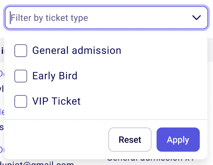 Filtering your ticket sales by ticket status and ticket type