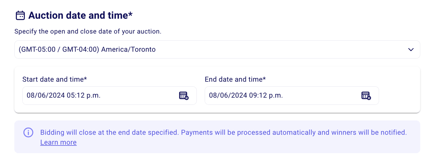 Creating and configuring an auction page on Zeffy