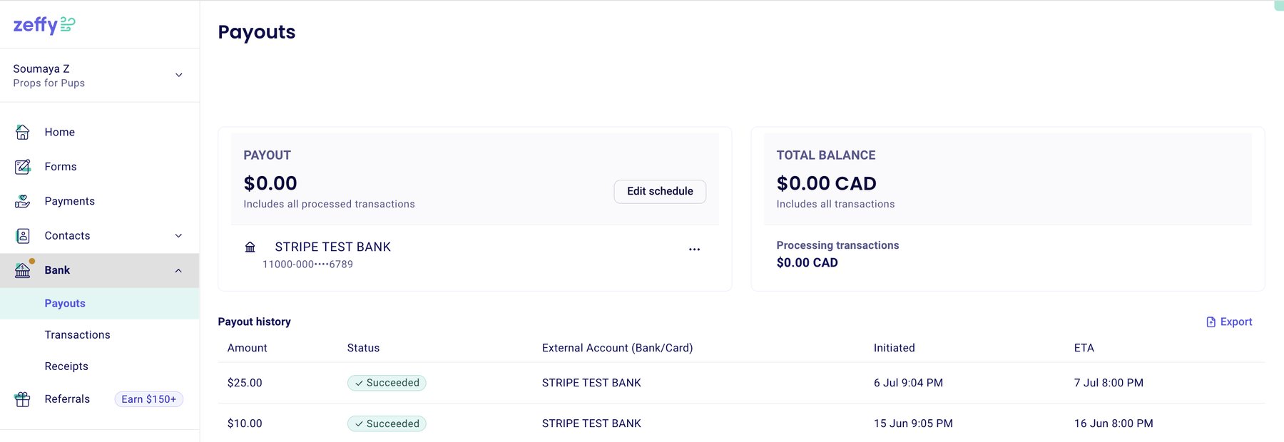 Zeffy payouts: Payout schedules, amounts and reports