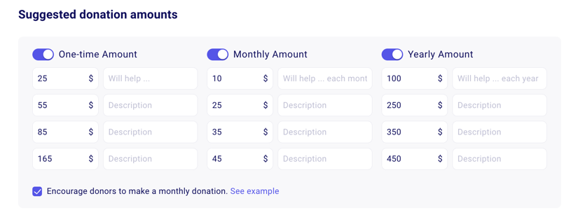 Set up a donation form with one-time, monthly and annual donation options