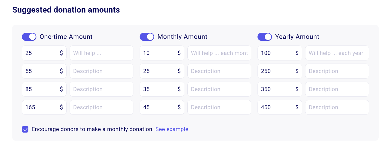 Set up a donation form with one-time, monthly and annual donation options