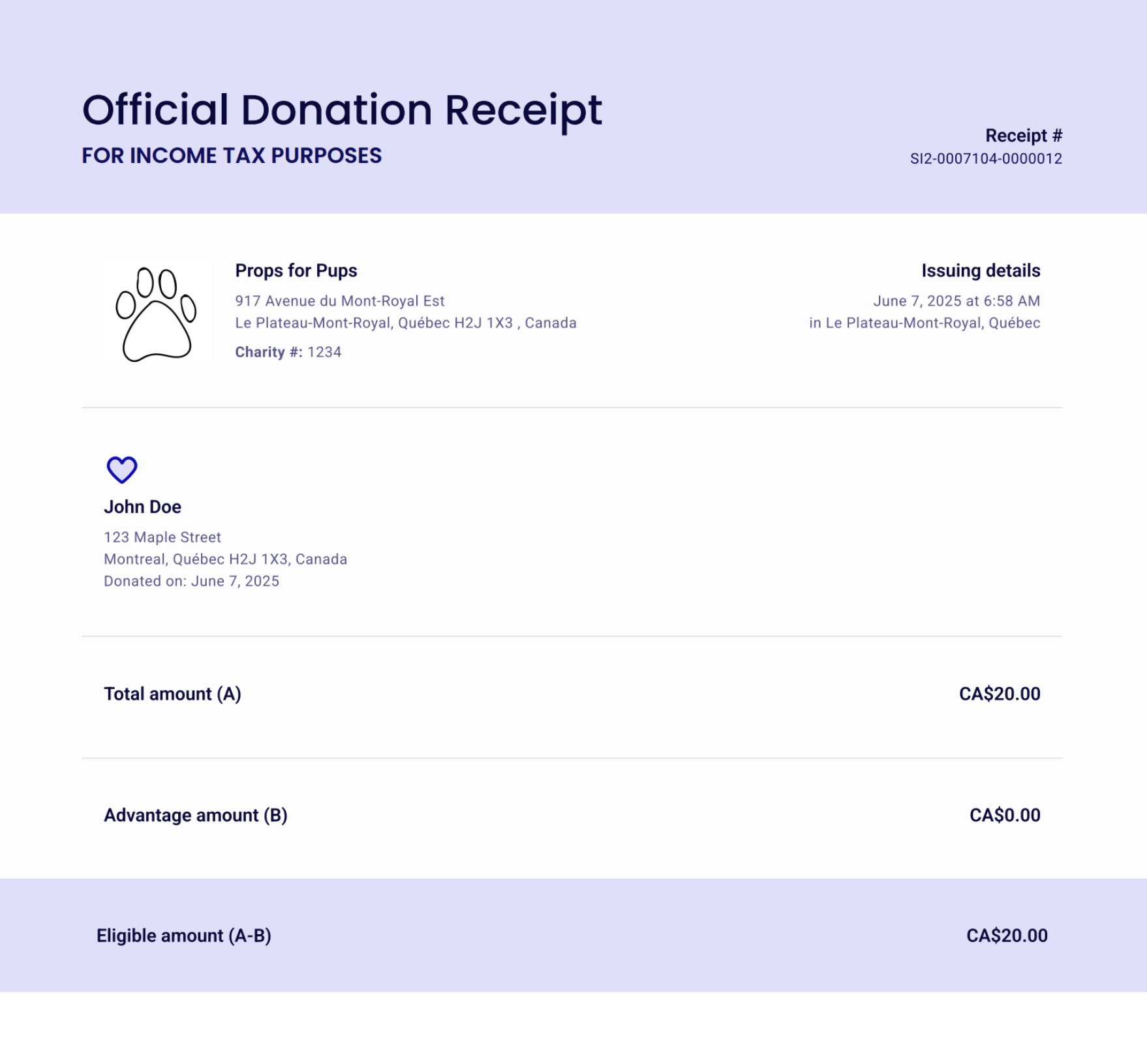 Generate a tax receipt for an in kind donation